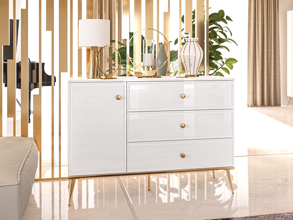 Kommode Sideboard Mehrzweckschrank , Farbe: weiß Hochglanz / Gold Breite 120 cm – Möbel 29